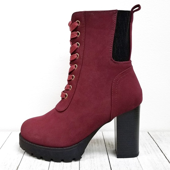 Shoes | New Wine Lace Up Combat Heel Ankle Boots Booties | Poshmark